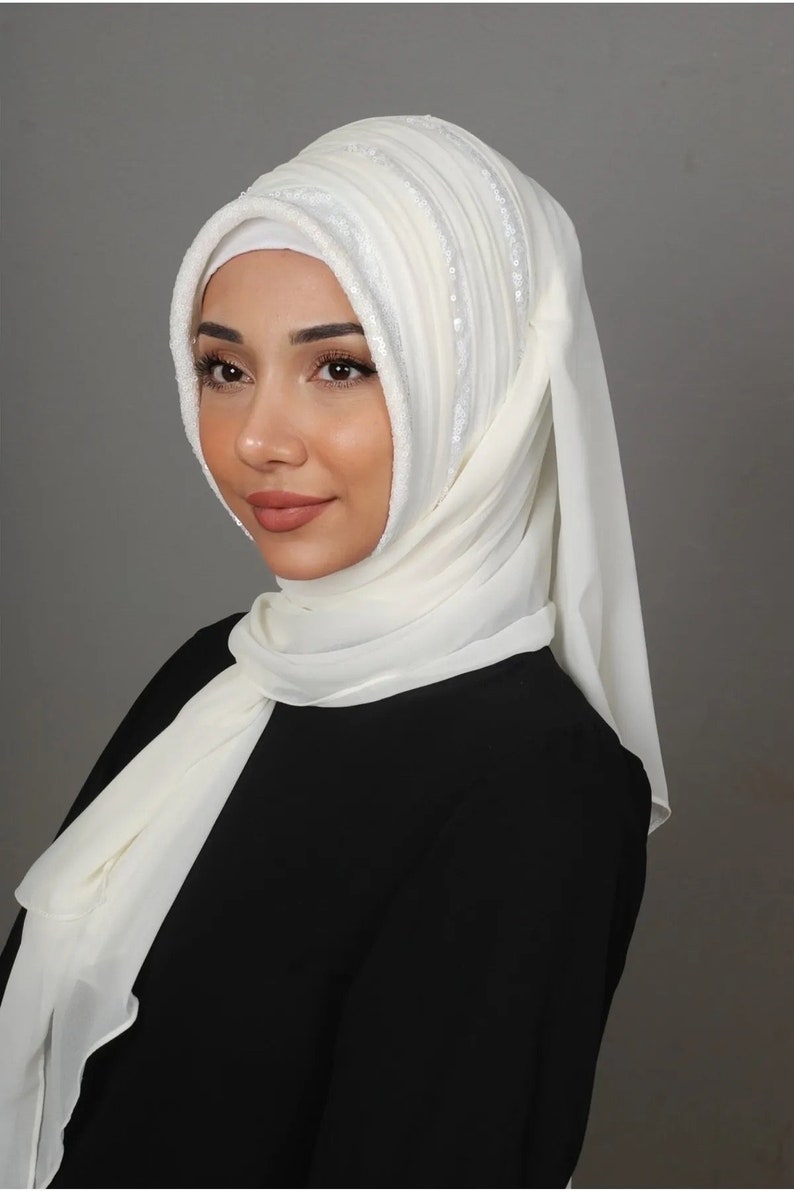 Ready to Wear Bridal Turban, White Sequined Ecru Color Shawl, Bridal ...