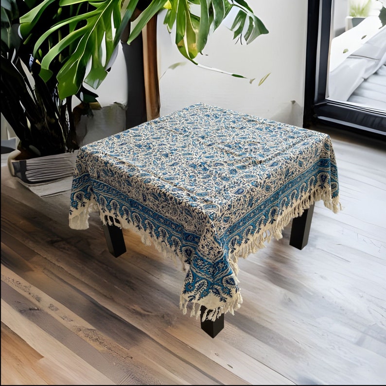 Persian Ghalamkar Tablecloth – Blue Termeh Floral Sofreh – Hand Printed ...