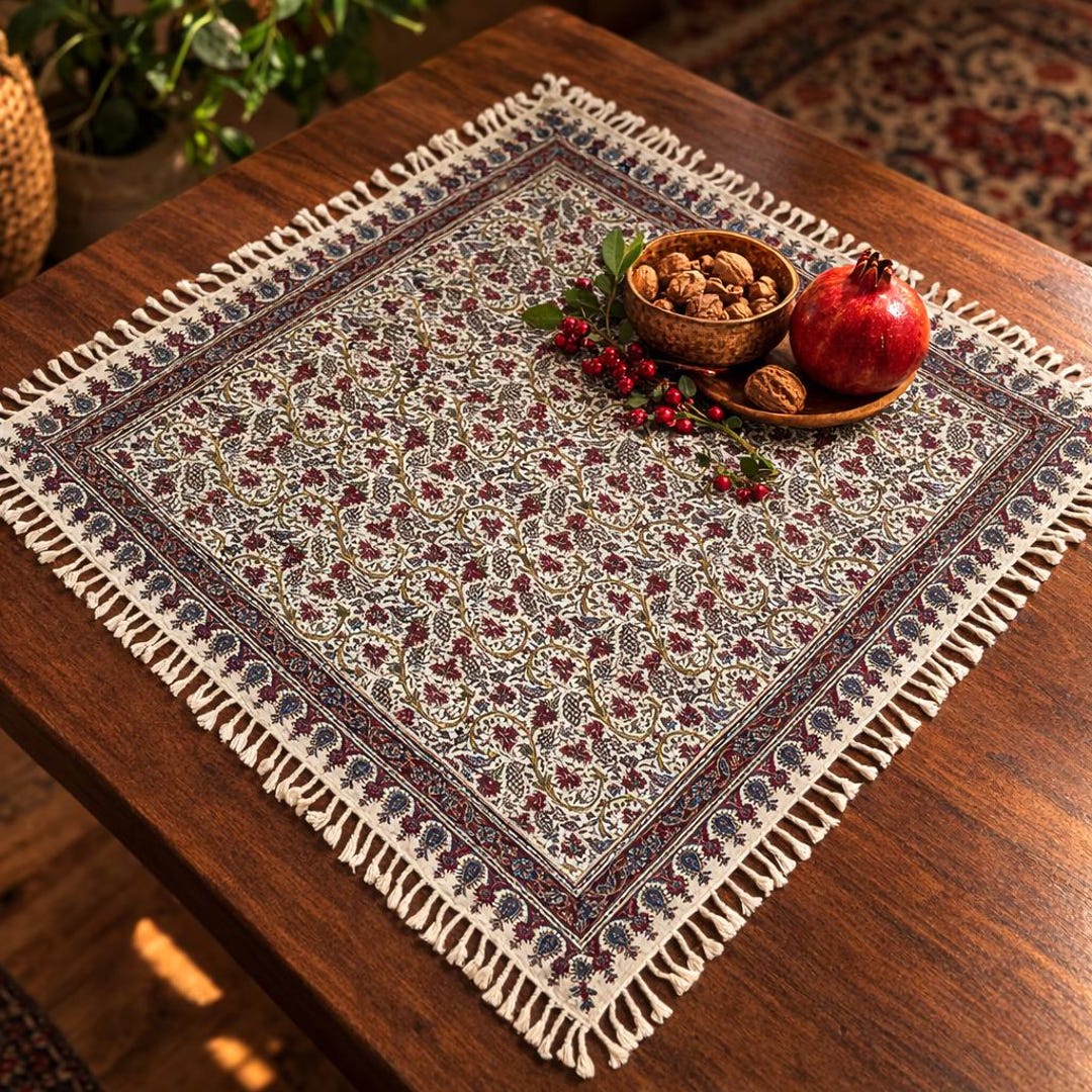Boho Ghalamkar Tablecloth – Hand Block Printed Cotton Sofreh – Square ...