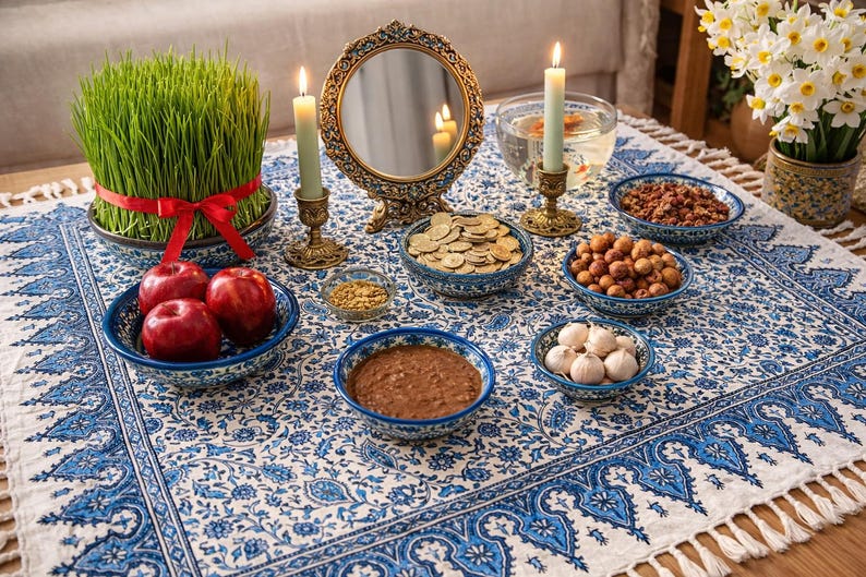 Persian Ghalamkar Tablecloth – Blue Termeh Floral Sofreh – Hand Printed ...