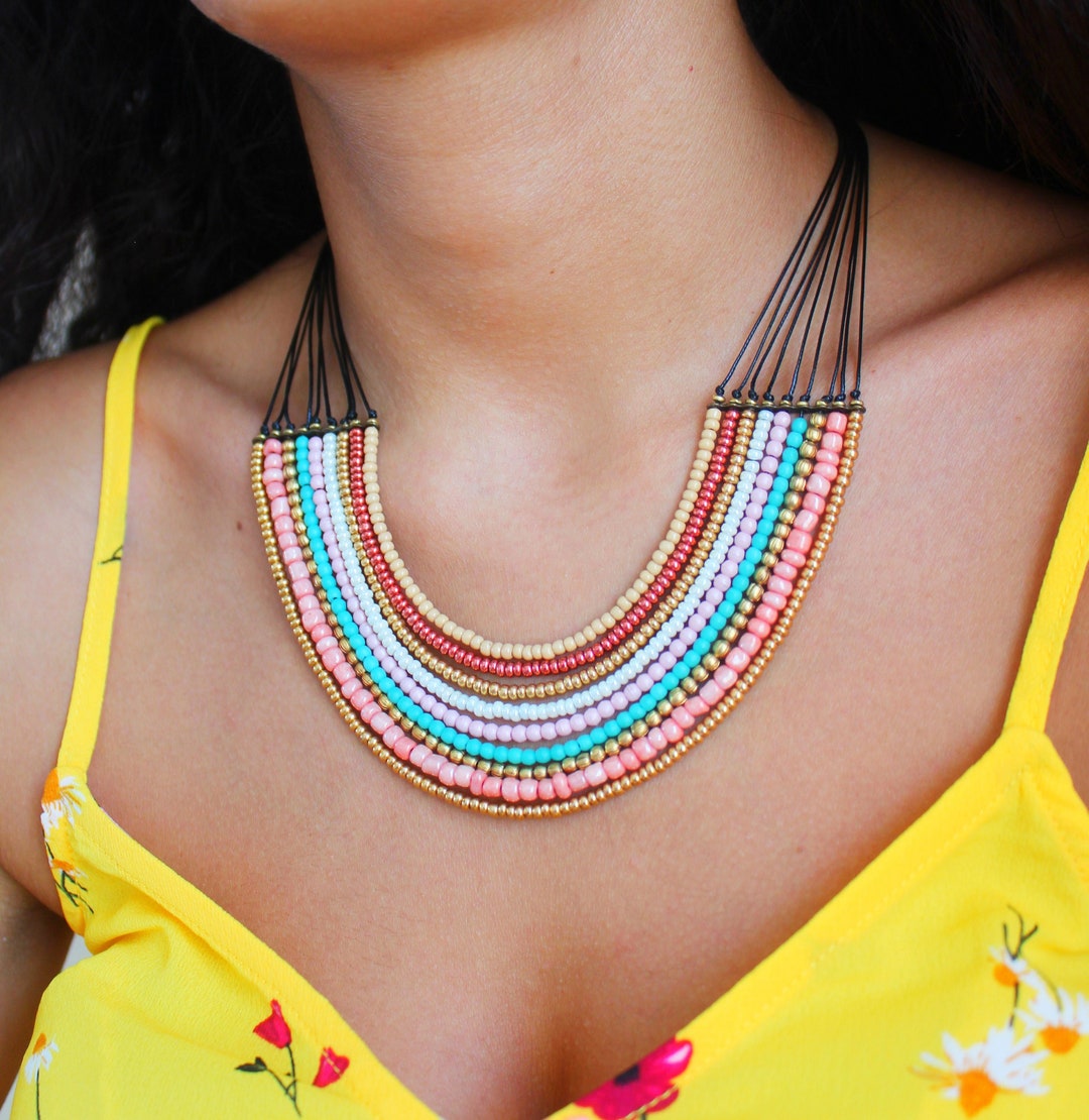 Multi Strands Beaded Necklace for Women Colorful Ethnic Bib Necklace ...