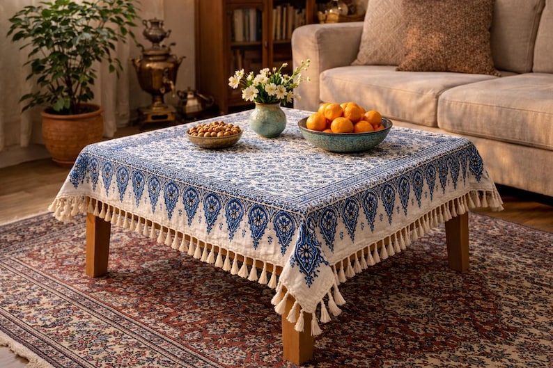 Persian Ghalamkar Tablecloth – Blue Termeh Floral Sofreh – Hand Printed ...