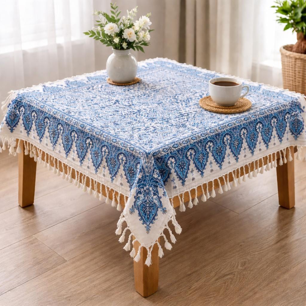 Persian Ghalamkar Tablecloth – Blue Termeh Floral Sofreh – Hand Printed ...