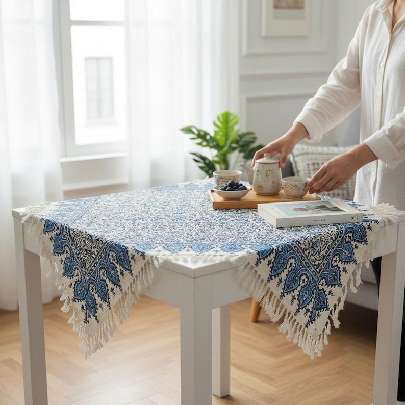 Persian Ghalamkar Tablecloth – Blue Termeh Floral Sofreh – Hand Printed ...