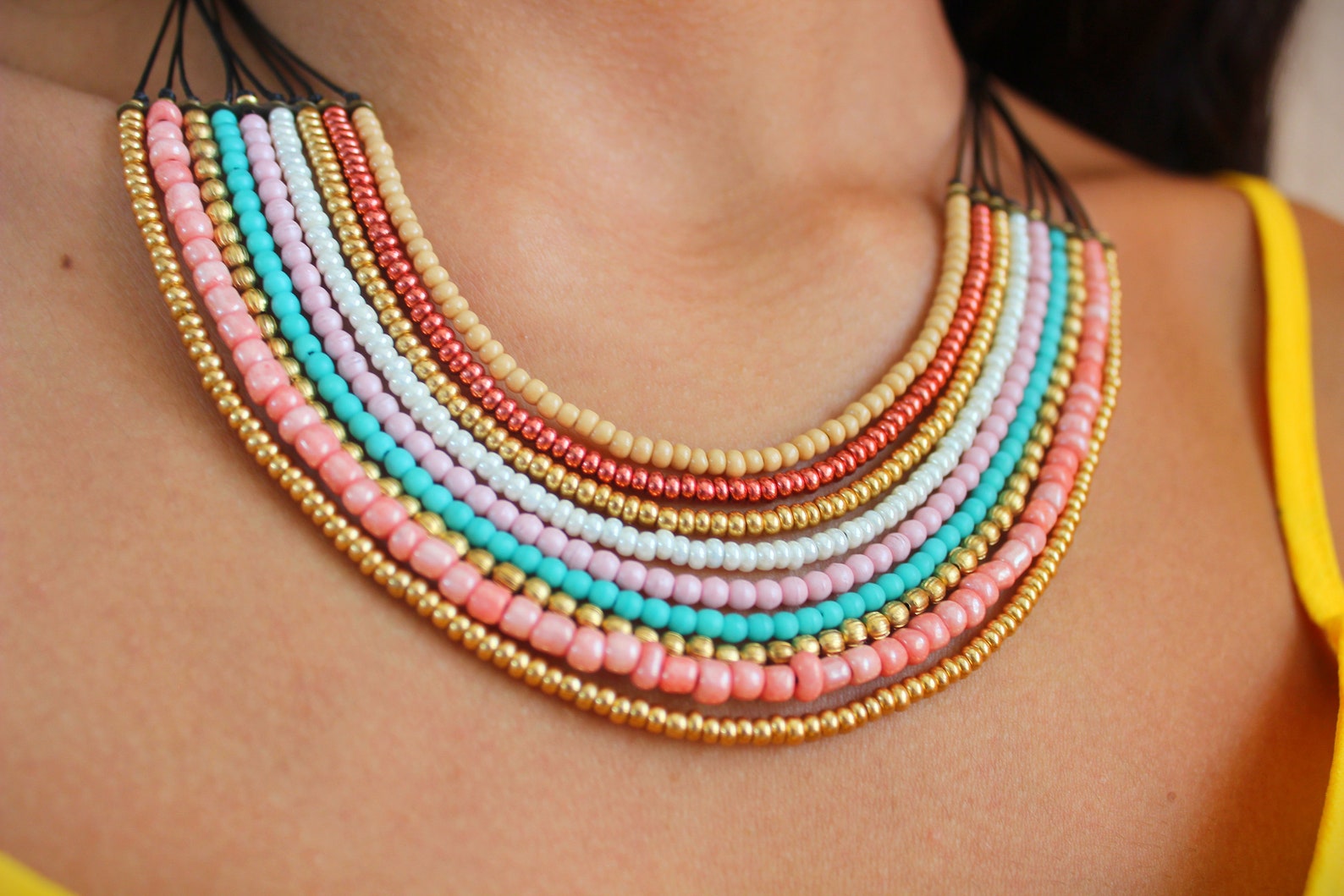 Multi Strands Beaded Necklace for Women Colorful Ethnic Bib - Etsy