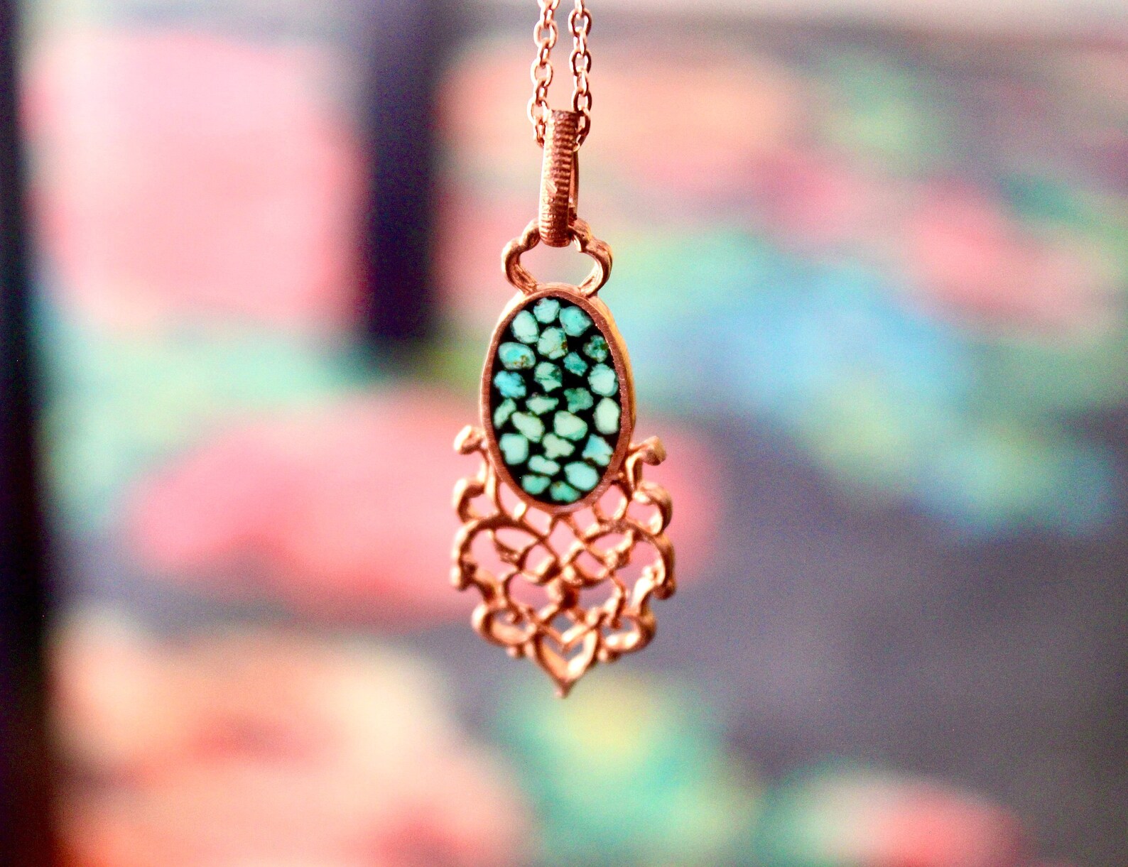 Antique Copper and Turquoise Gemstone Necklace for Women Vintage Mosaic ...