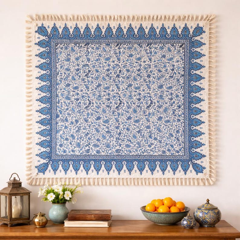 Persian Ghalamkar Tablecloth – Blue Termeh Floral Sofreh – Hand Printed ...