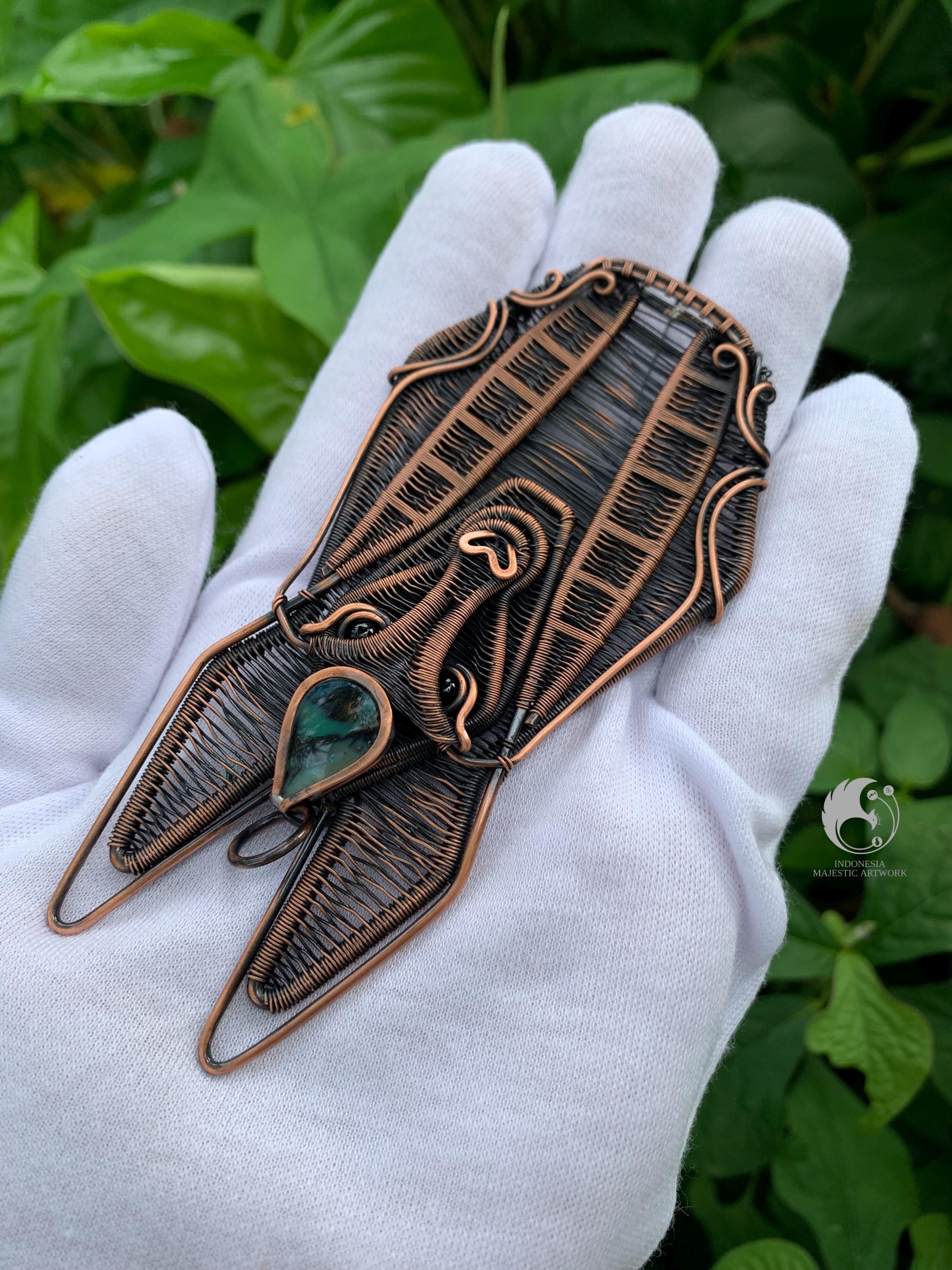 Wire Wrapped Anubis Pendant With Blue Opalized Stone | Handmade Copper ...