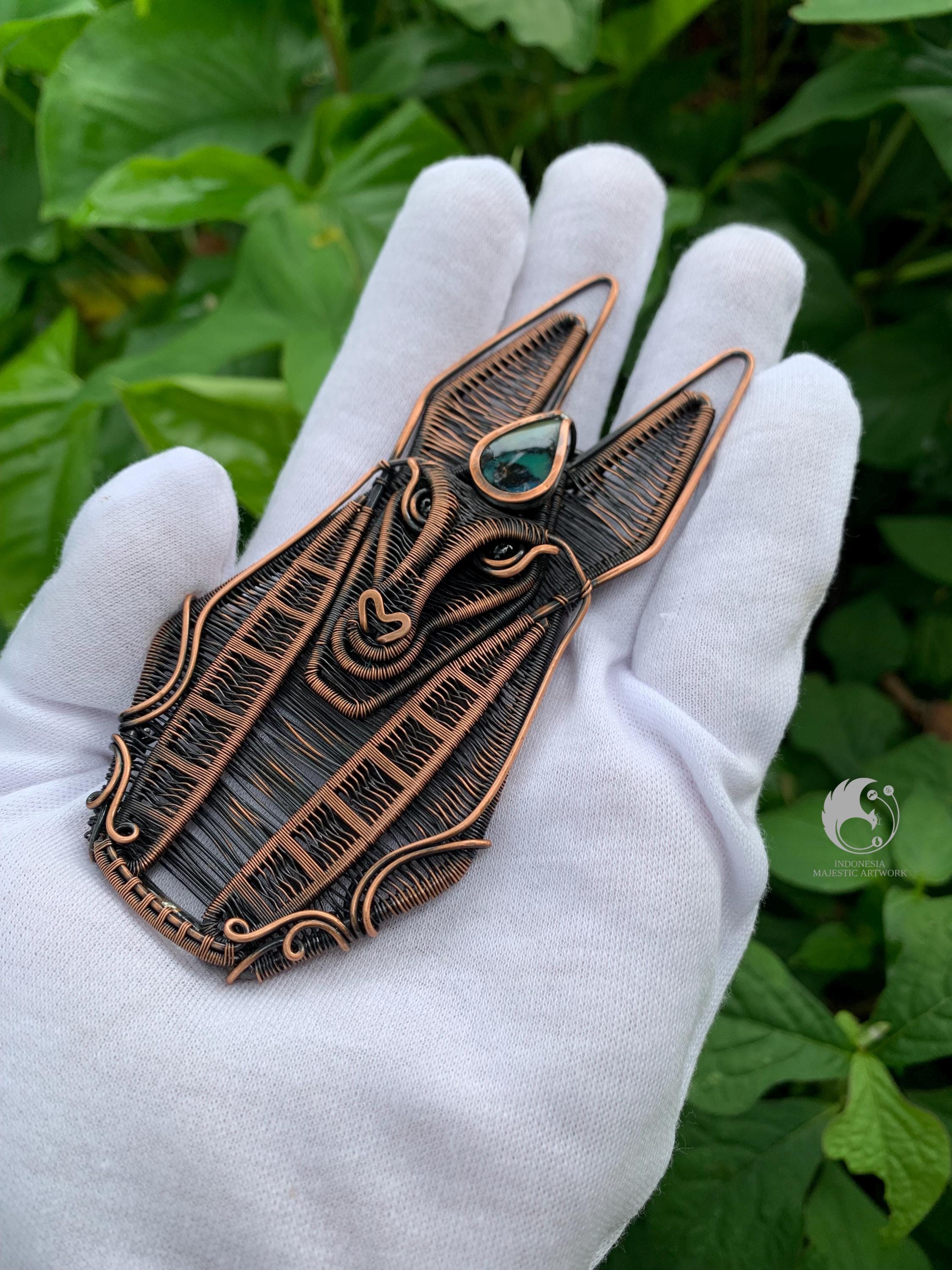 Wire Wrapped Anubis Pendant With Blue Opalized Stone | Handmade Copper ...