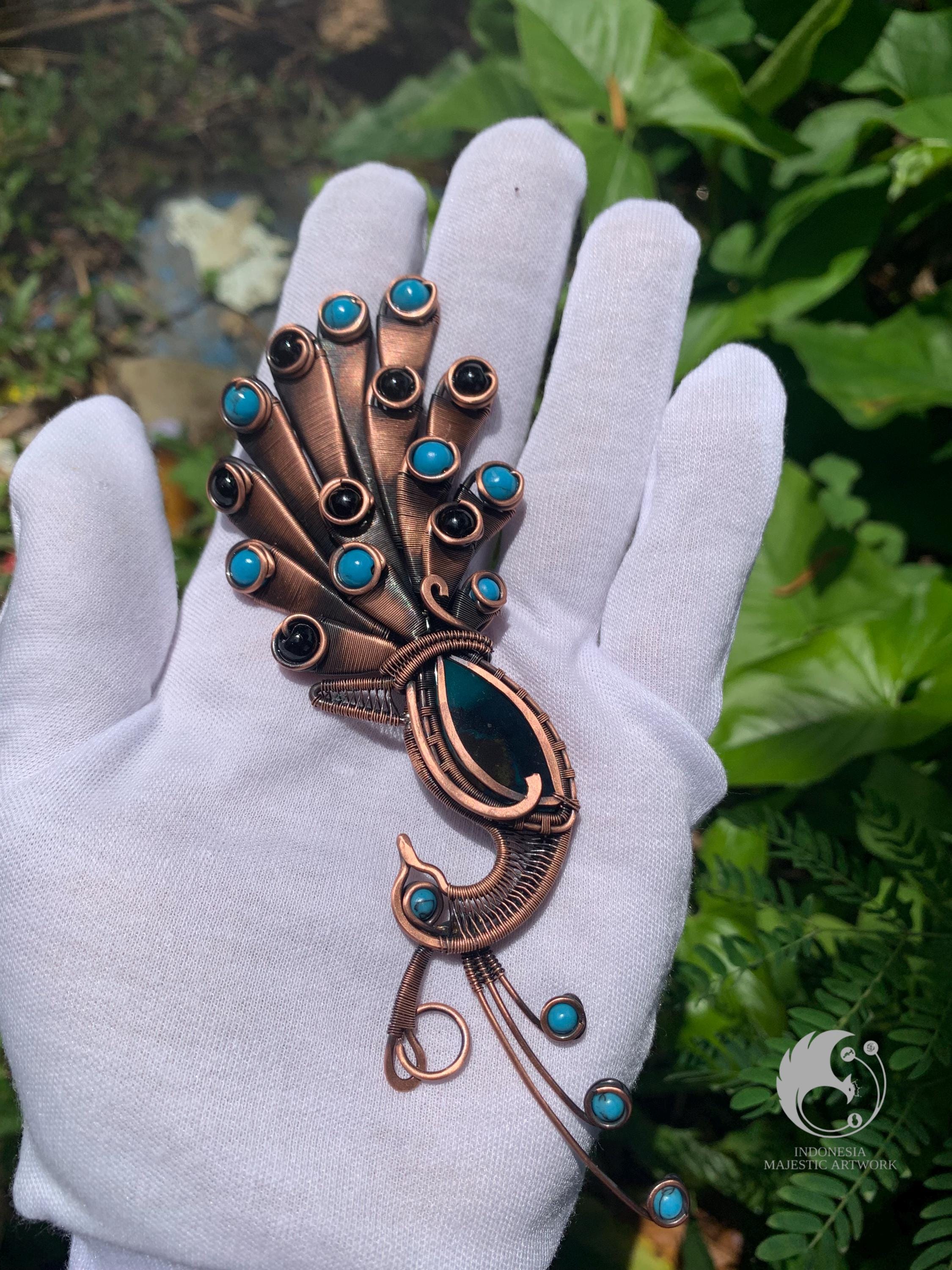 Wire Wrapped Peacock Pendant: Blue Opalized Stone & Beads • Christmas ...