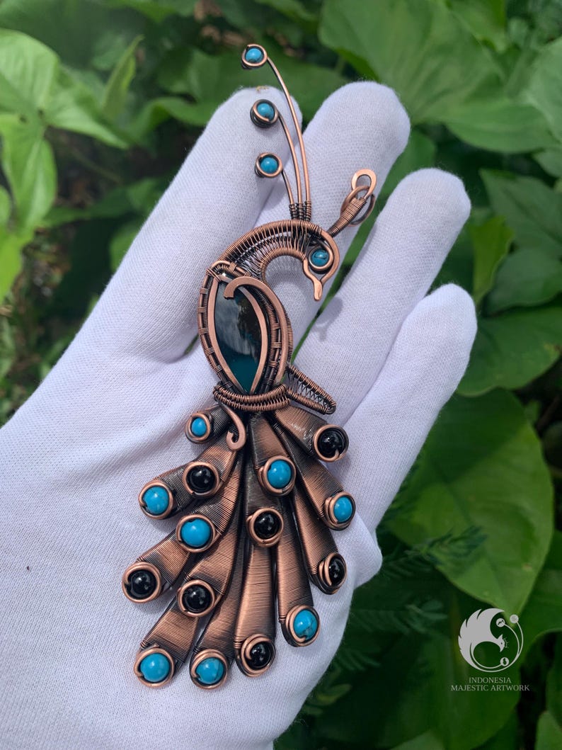 Wire Wrapped Peacock Pendant: Blue Opalized Stone & Beads • Christmas ...