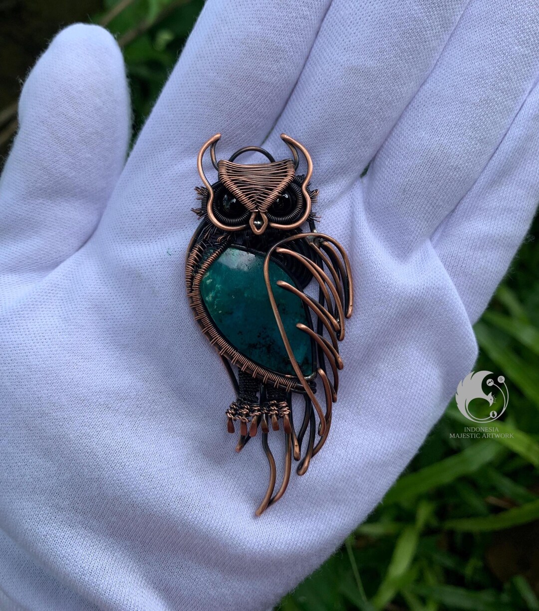 Wire Wrapped Owl Pendant | Blue Opalized Stone Necklace | Copper Animal ...