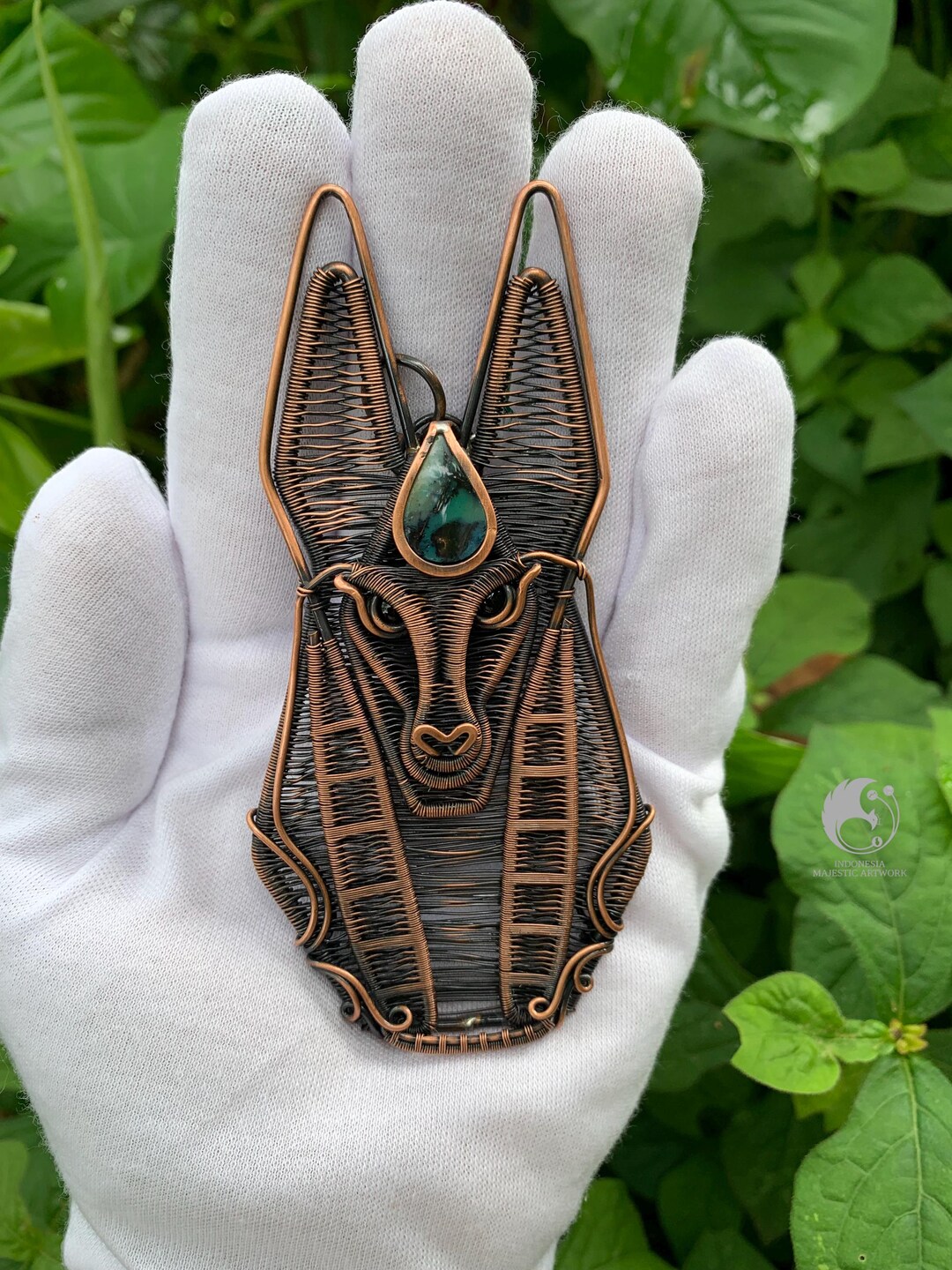 Wire Wrapped Anubis Pendant With Blue Opalized Stone | Handmade Copper ...