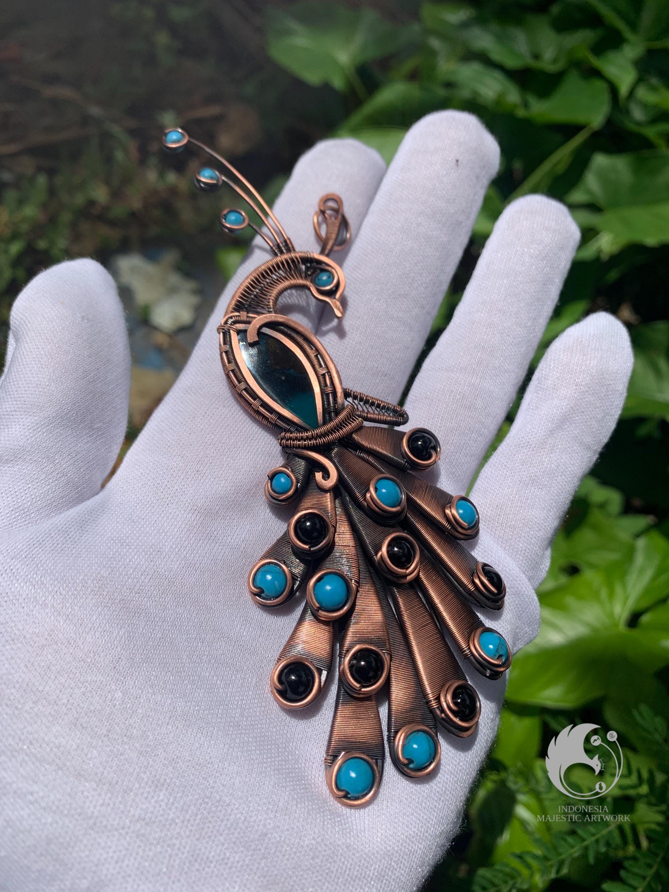 Wire Wrapped Peacock Pendant: Blue Opalized Stone & Beads • Christmas ...