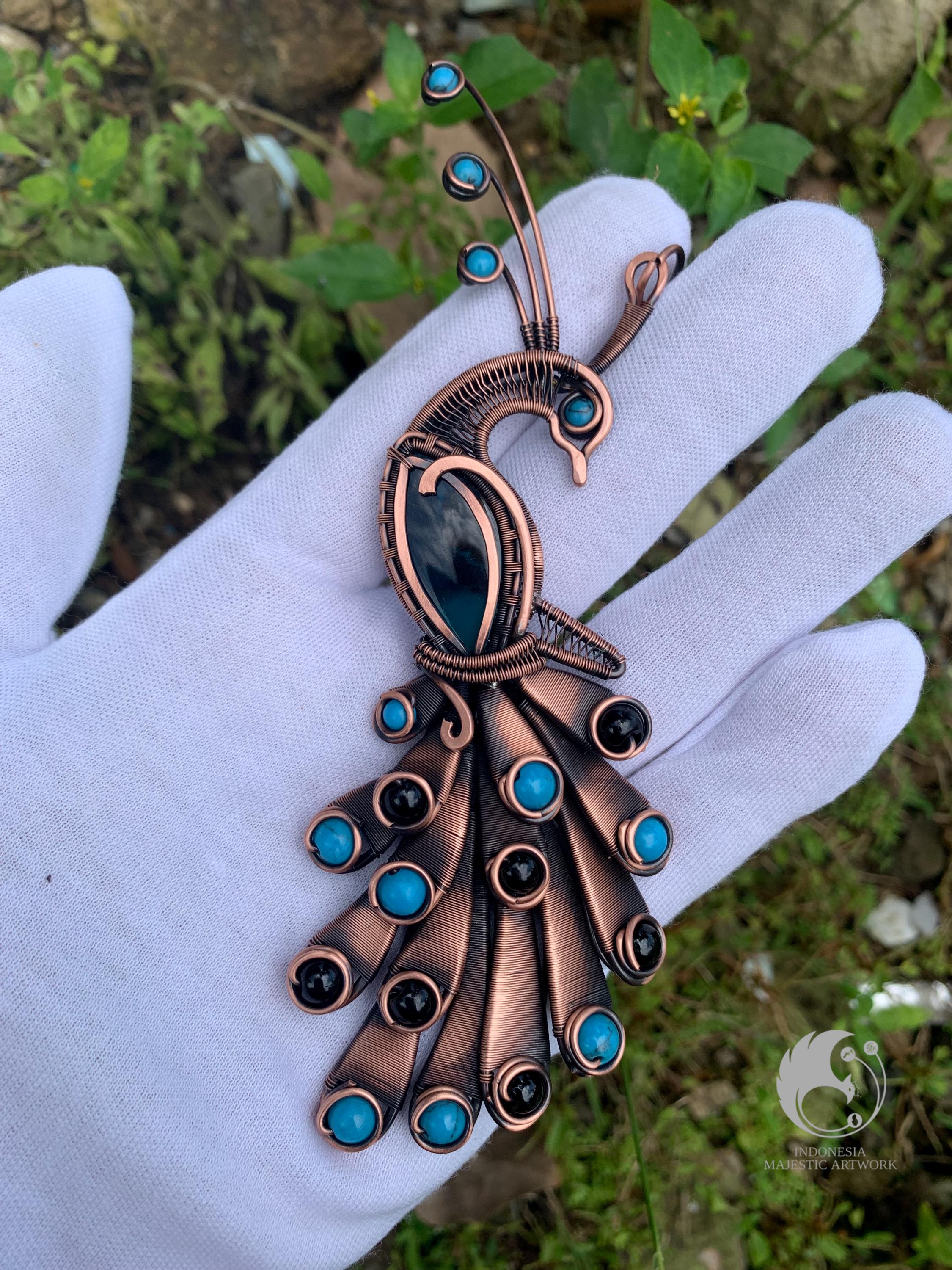 Wire Wrapped Peacock Pendant: Blue Opalized Stone & Beads • Christmas ...