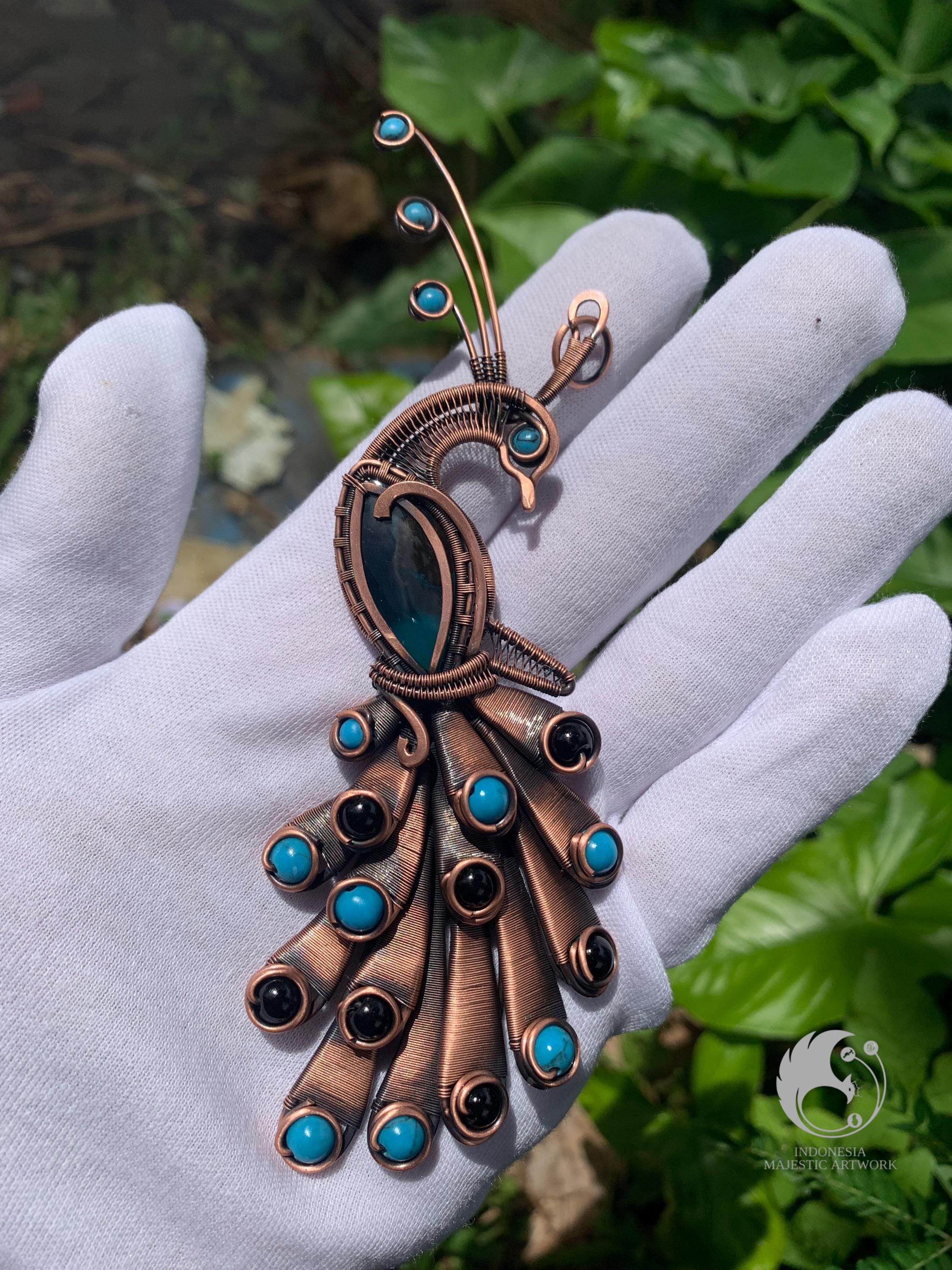Wire Wrapped Peacock Pendant: Blue Opalized Stone & Beads • Christmas ...