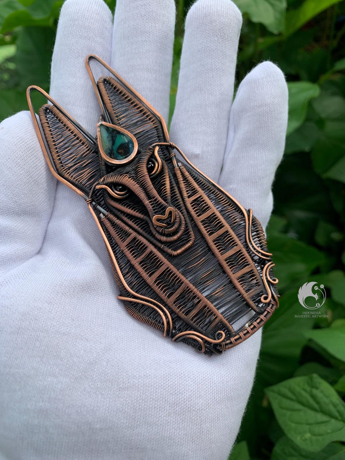 Wire Wrapped Anubis Pendant With Blue Opalized Stone | Handmade Copper ...