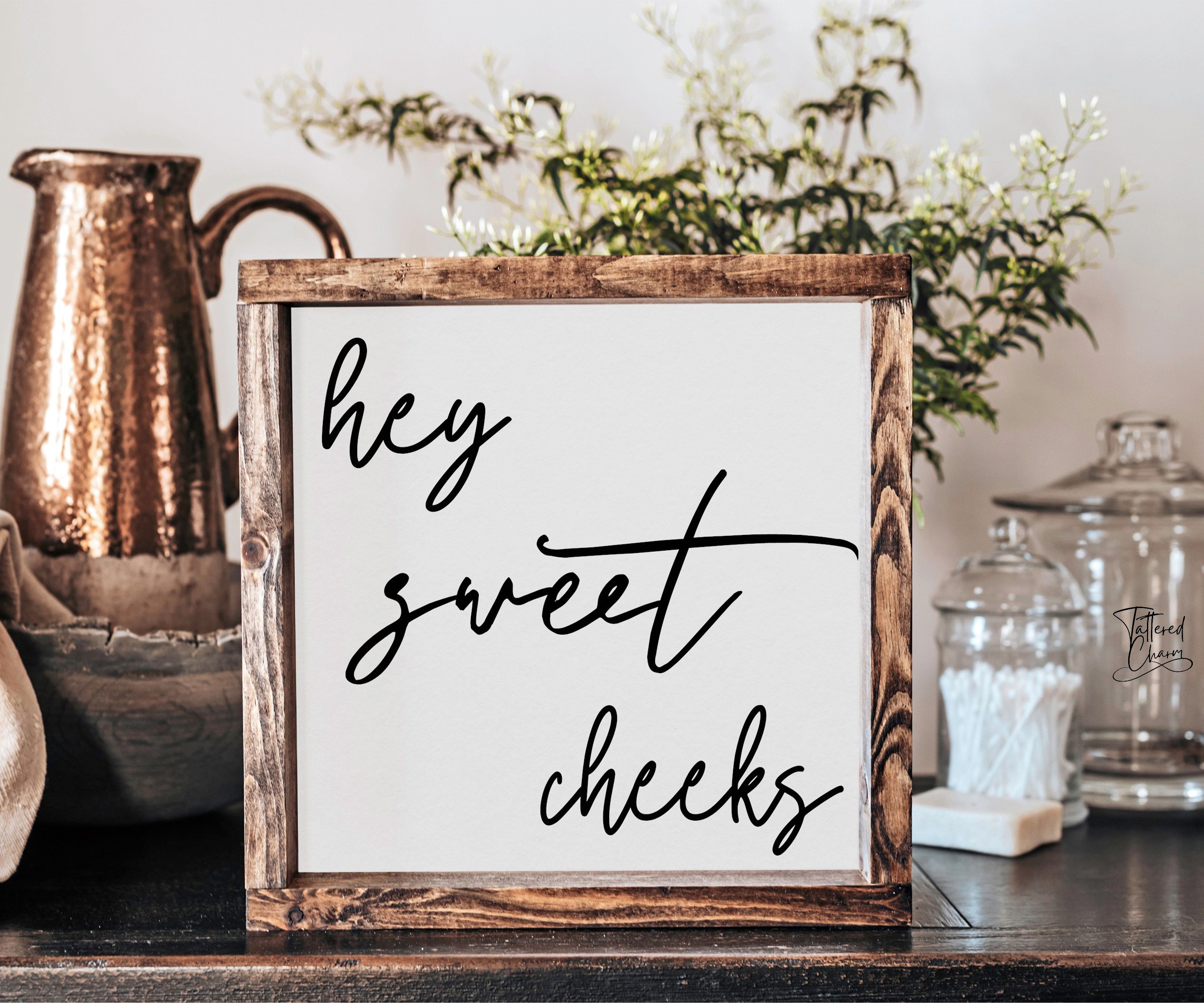 Hey Sweet Cheeks bathroom sign wood sign framed wood sign | Etsy
