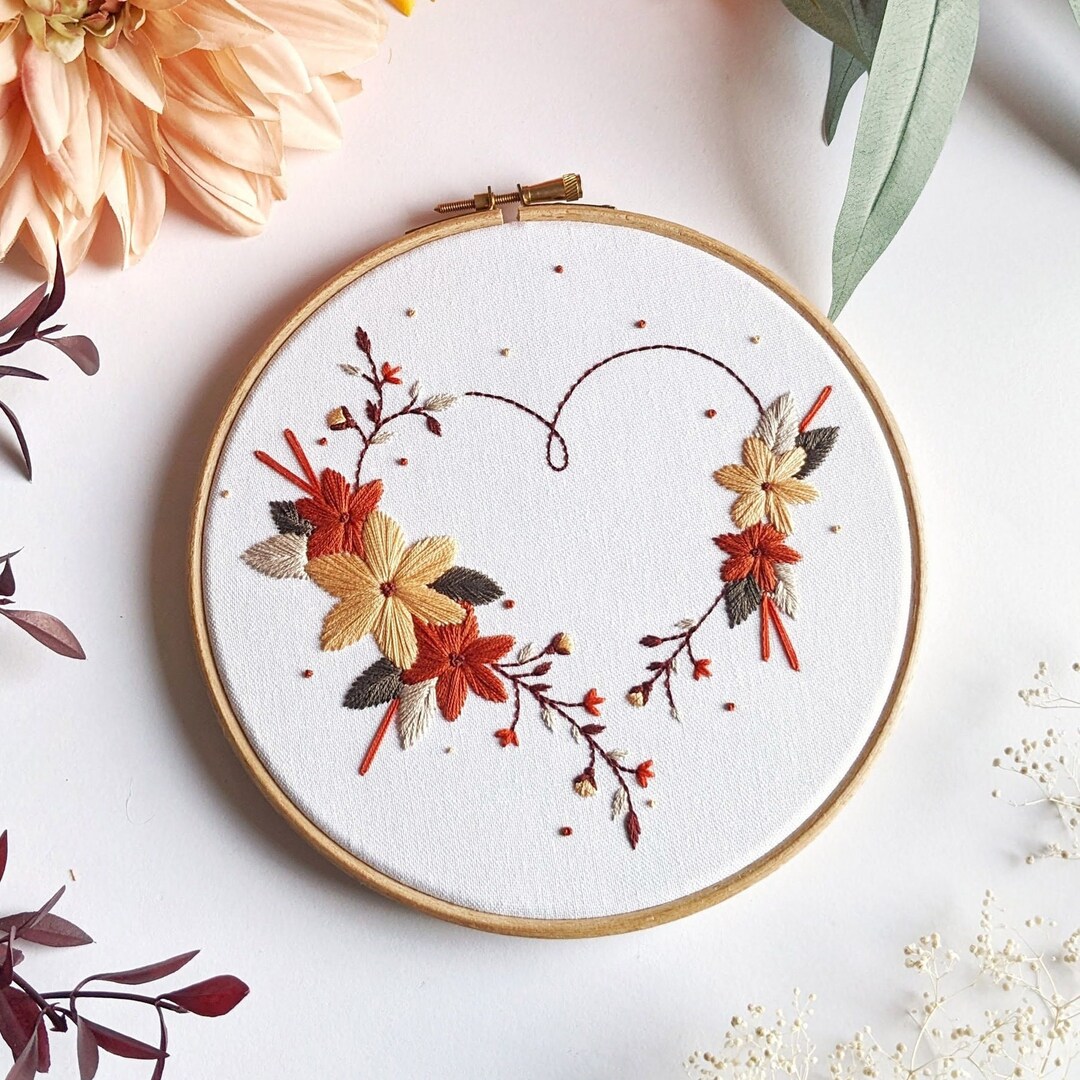 Autumn Heart Embroidery Kit • 7" Hoop • Fall Floral Love & Nature Theme ...