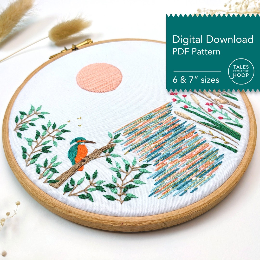 Kingfisher Lake Embroidery Pattern • Wildlife Nature Bird Theme ...
