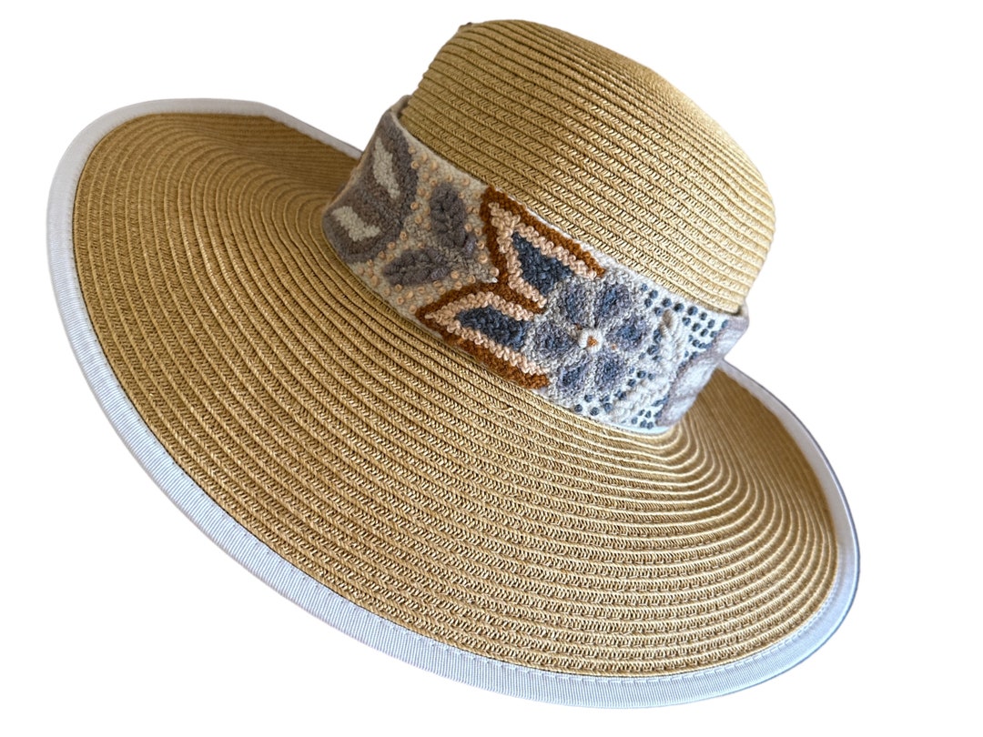 Sun Hat, Wide Brim Hat, Summer , Straw Hat, Hand Embroidered Band - Etsy
