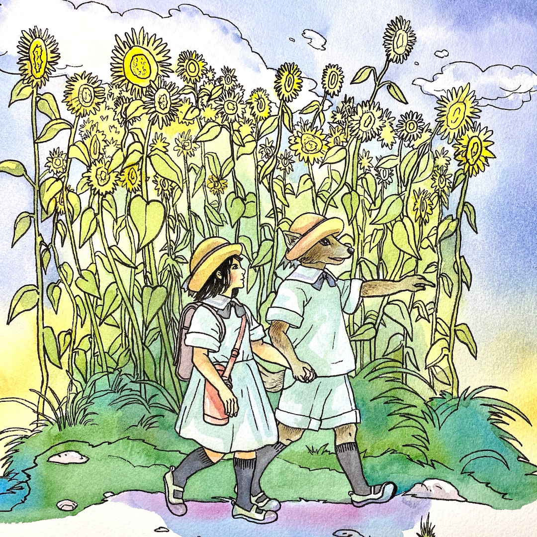 YOKAI Yamainu in Sunflowers Field Original Acrylic Ink - Etsy