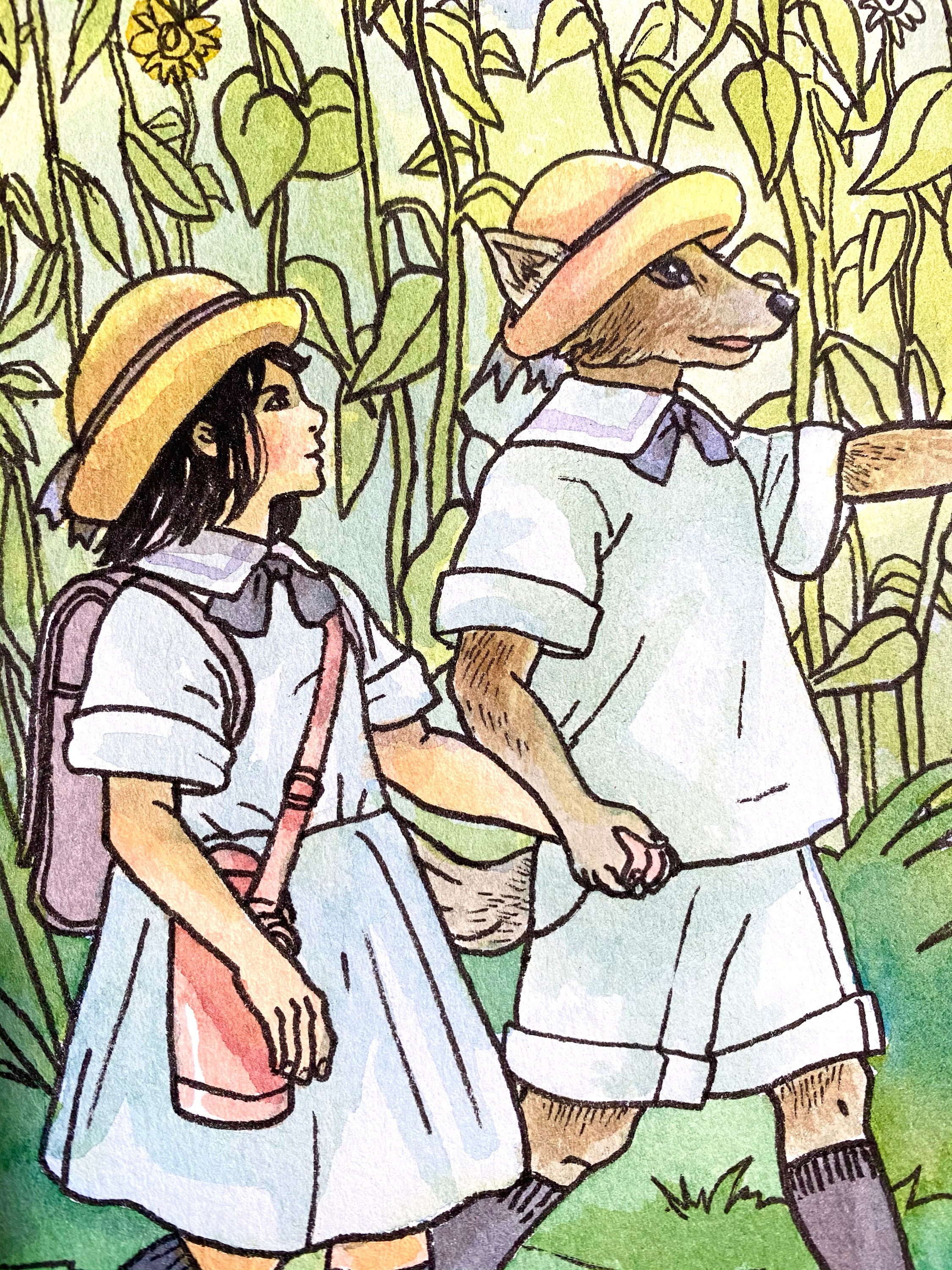 YOKAI - Yamainu in Sunflowers Field- Original Acrylic Ink Painting ...