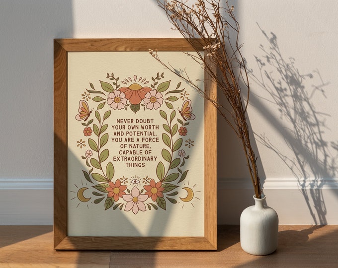 Boho Print Floral Art Retro Decor Groovy Moon Manifestation Spiritual ...