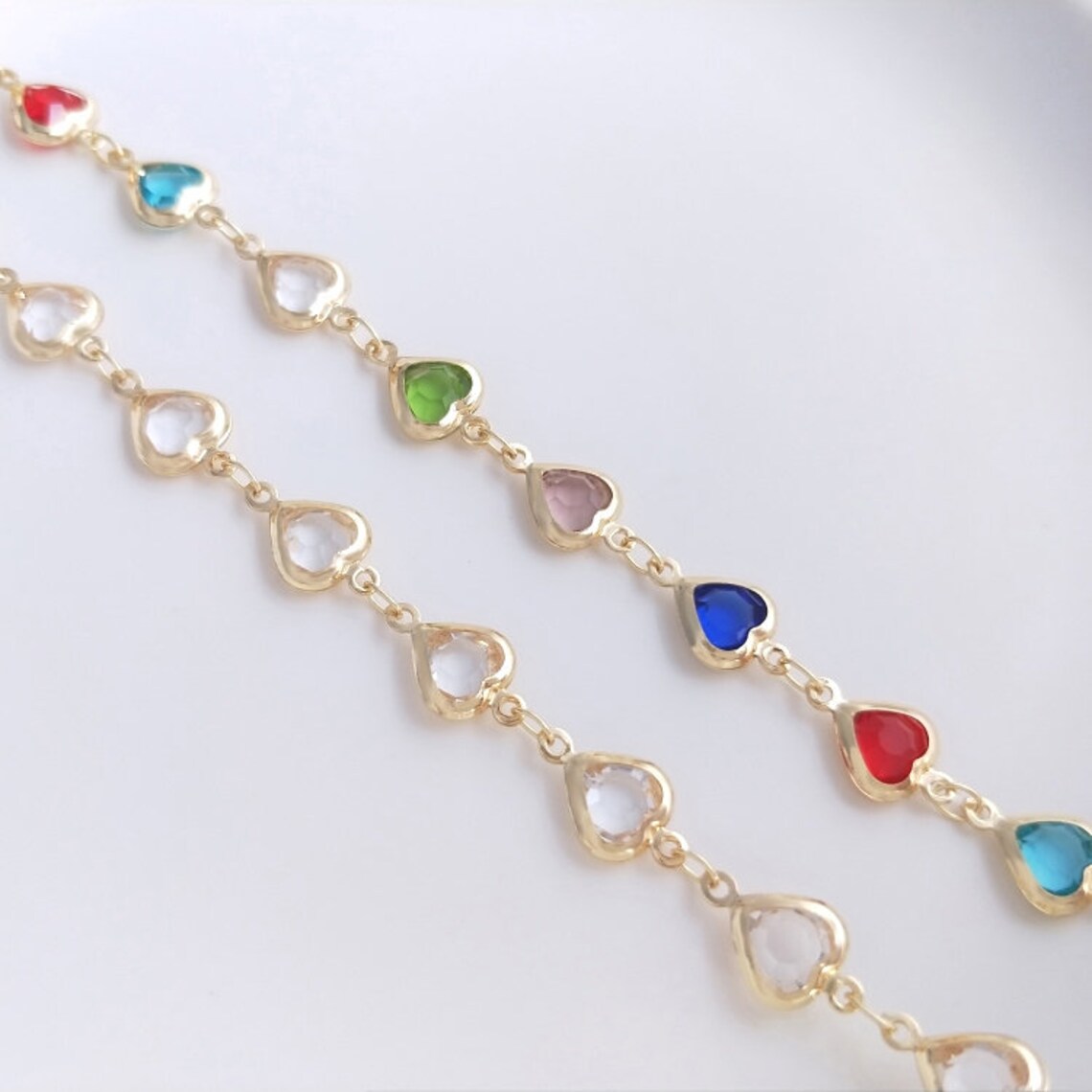 14K Gold Plated Heart Chain With Colourful CZ (1m) | Tarnish Resistant ...