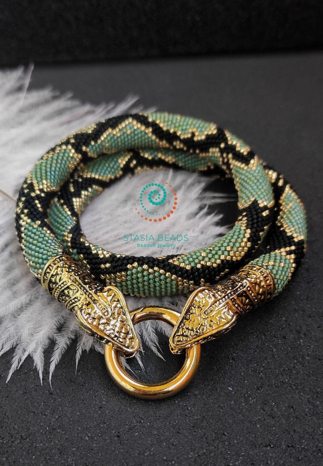 Green Snake Necklace Beaded Snake Necklace Green Serpent Necklace Snake ...