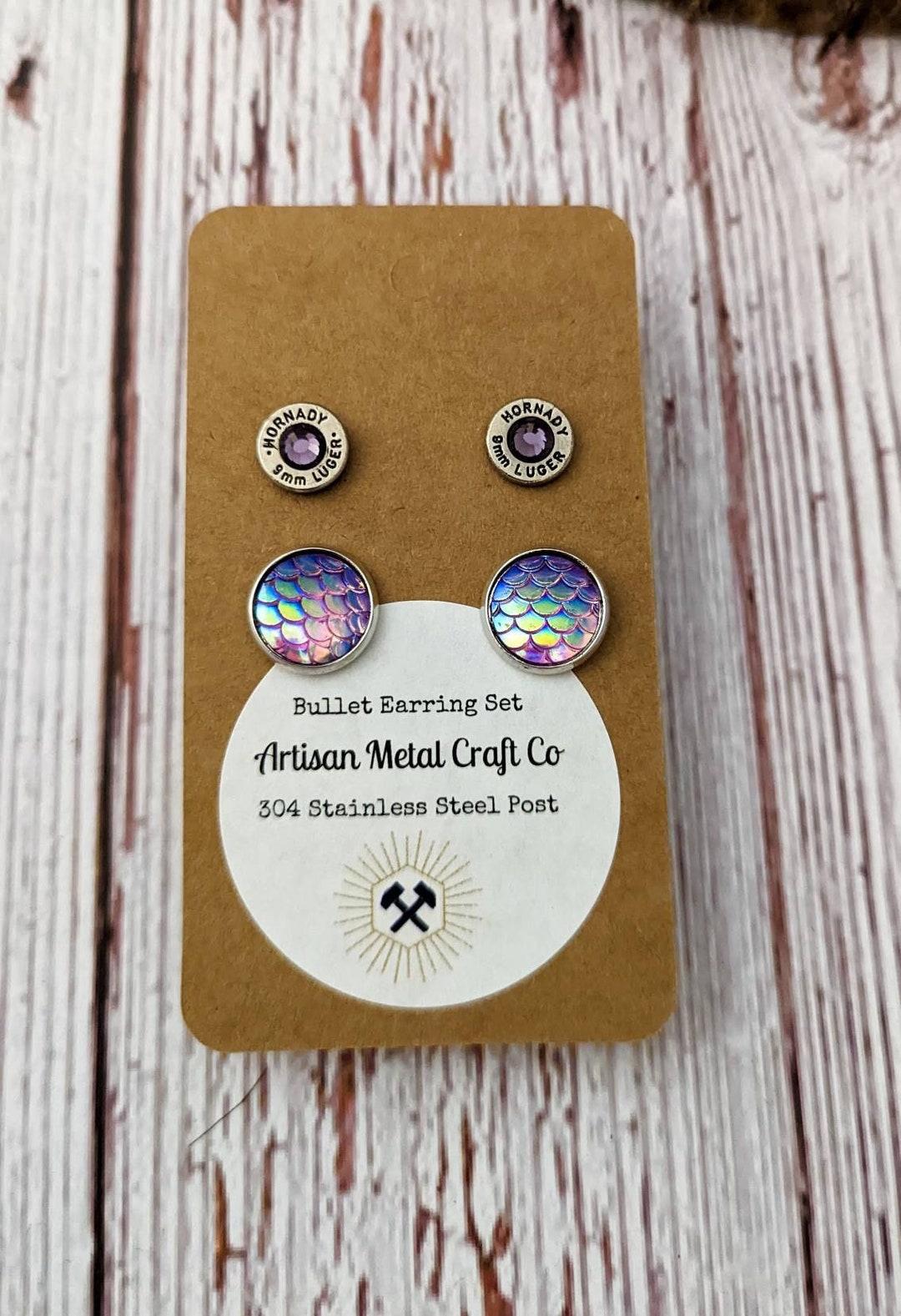 Purple Crystal Bullet Earrings, Mermaid Scales Studs, Silver 9mm Ammo ...