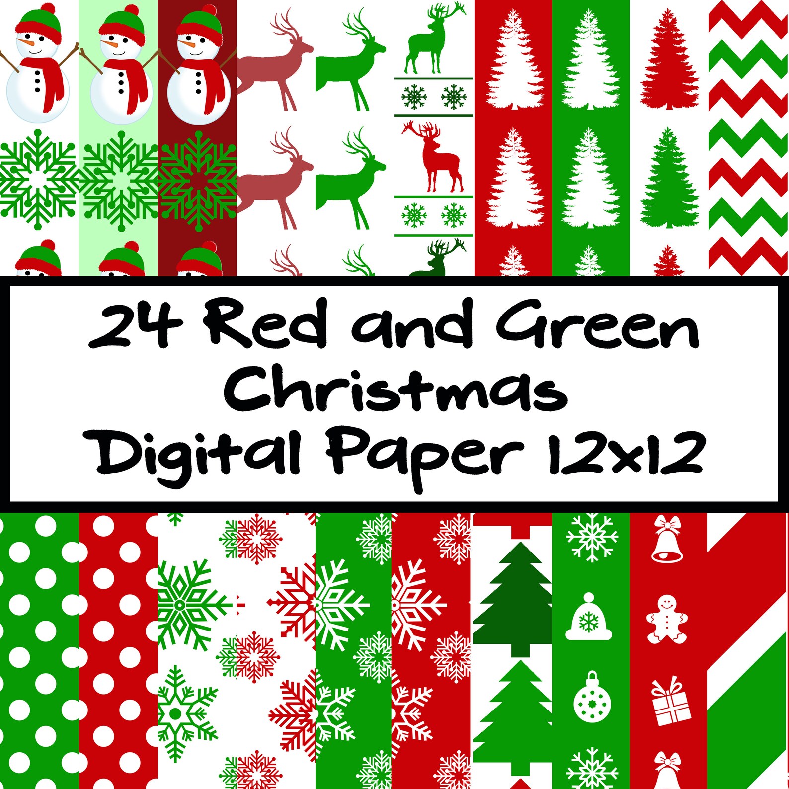 24 Red and Green Christmas Digital Paper Scrapbook Paper Christmas ...