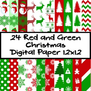 24 Red and Green Christmas Digital Paper Scrapbook Paper Christmas ...