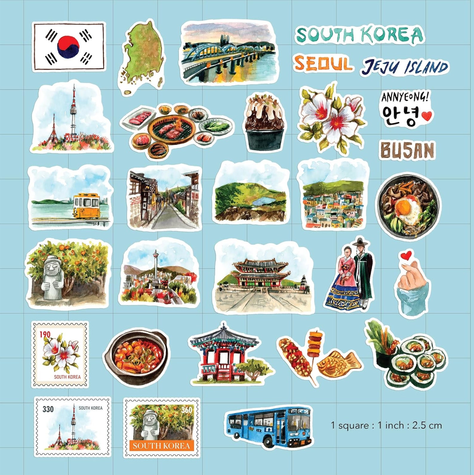 Navy Peony Scenic South Korea Travel Stickers 30pcs Watercolor ...