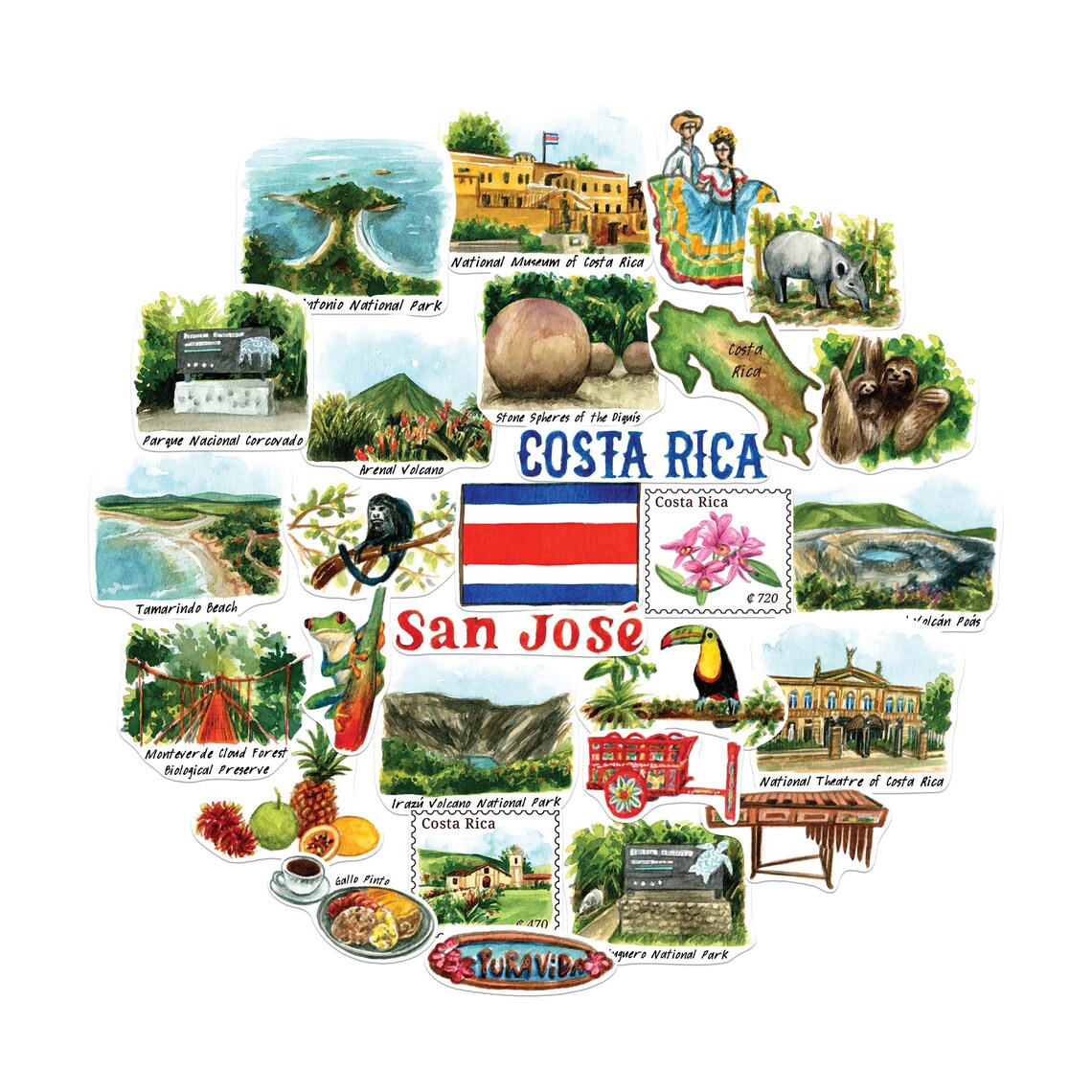 Navy Peony Coastal Costa Rica Travel Stickers (28pcs) - Hand ...