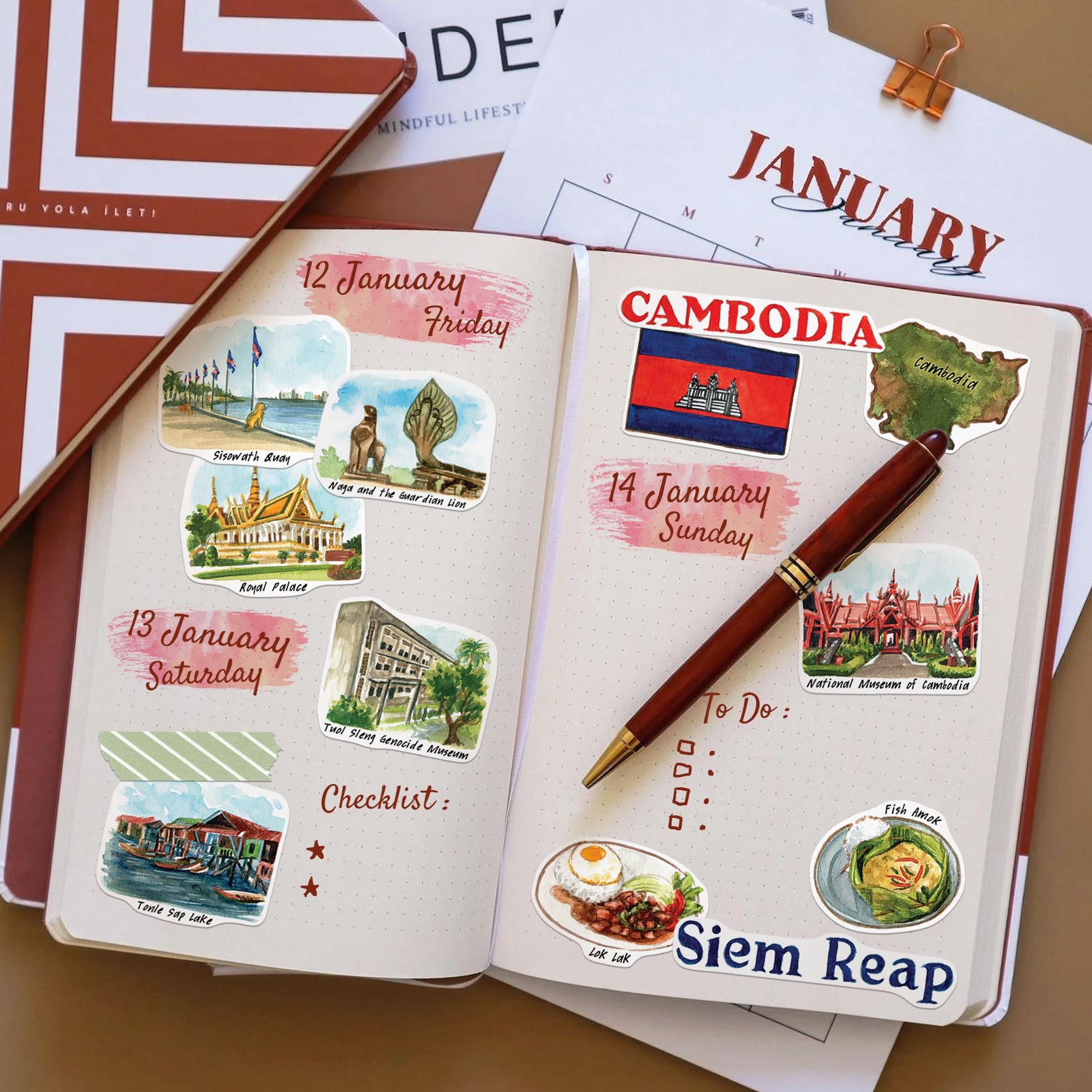 Navy Peony Captivating Cambodia Travel Stickers (28pcs) - Hand ...