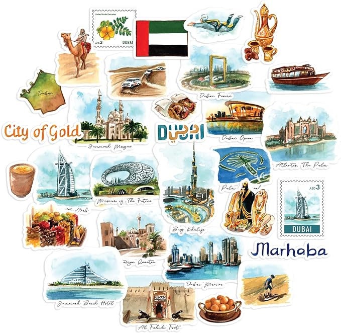Navy Peony Futuristic Dubai Travel Stickers (30pcs) - Watercolor ...