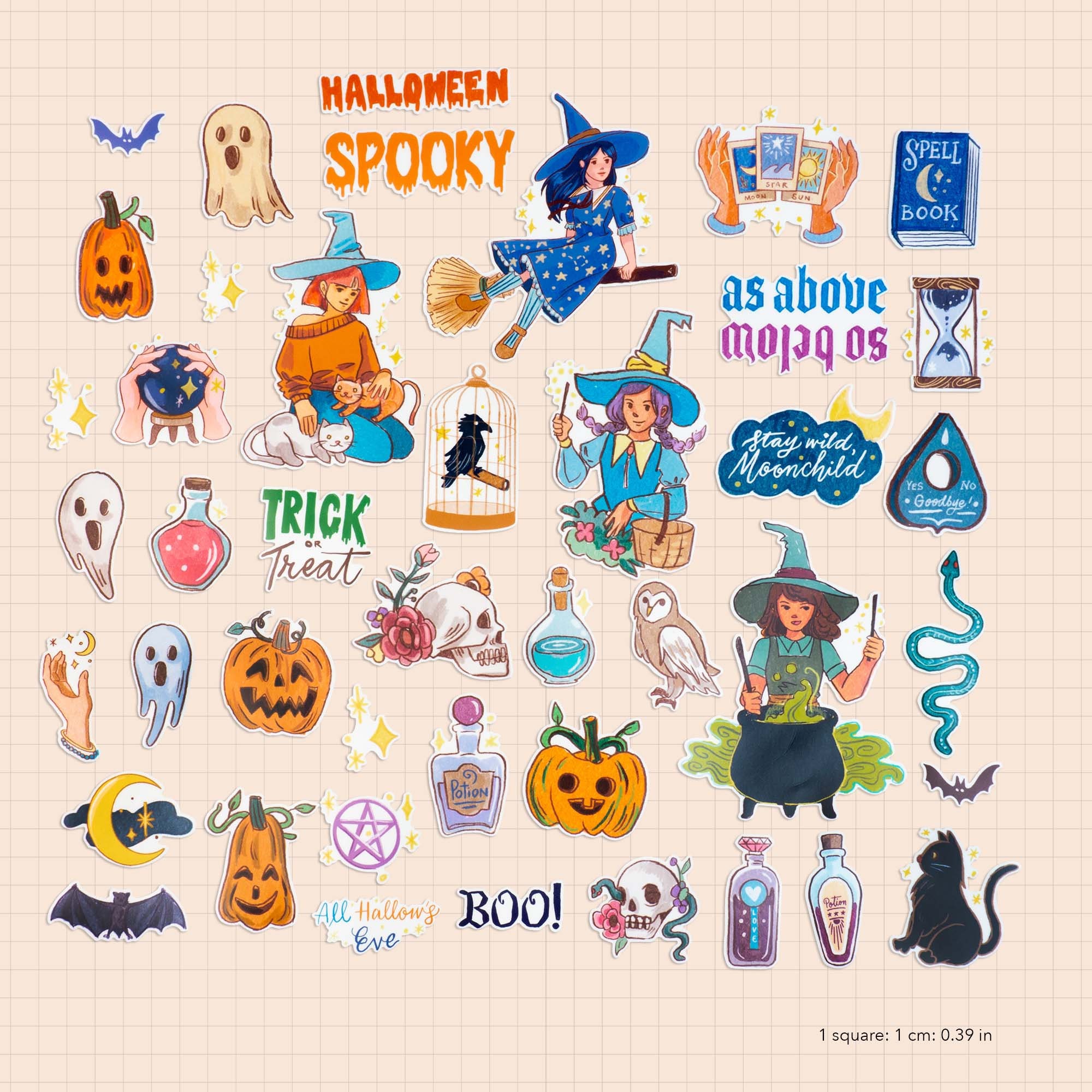 Navy Peony Enchanted Witch Halloween Sticker Set 42 Pieces Hand Drawn ...