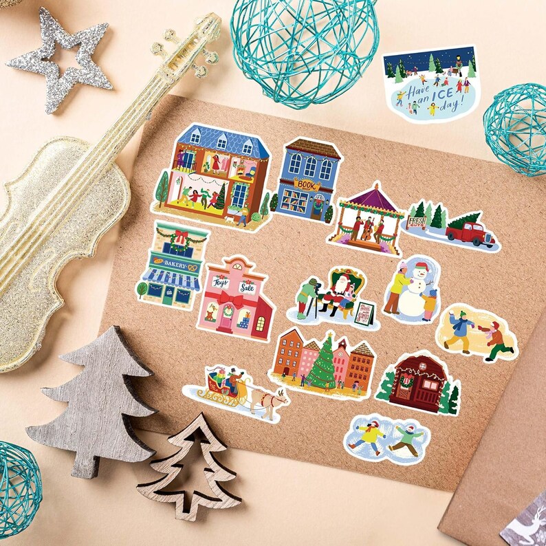 Navy Peony Magical Christmas Village Stickers 25pcs Festive Townscape ...