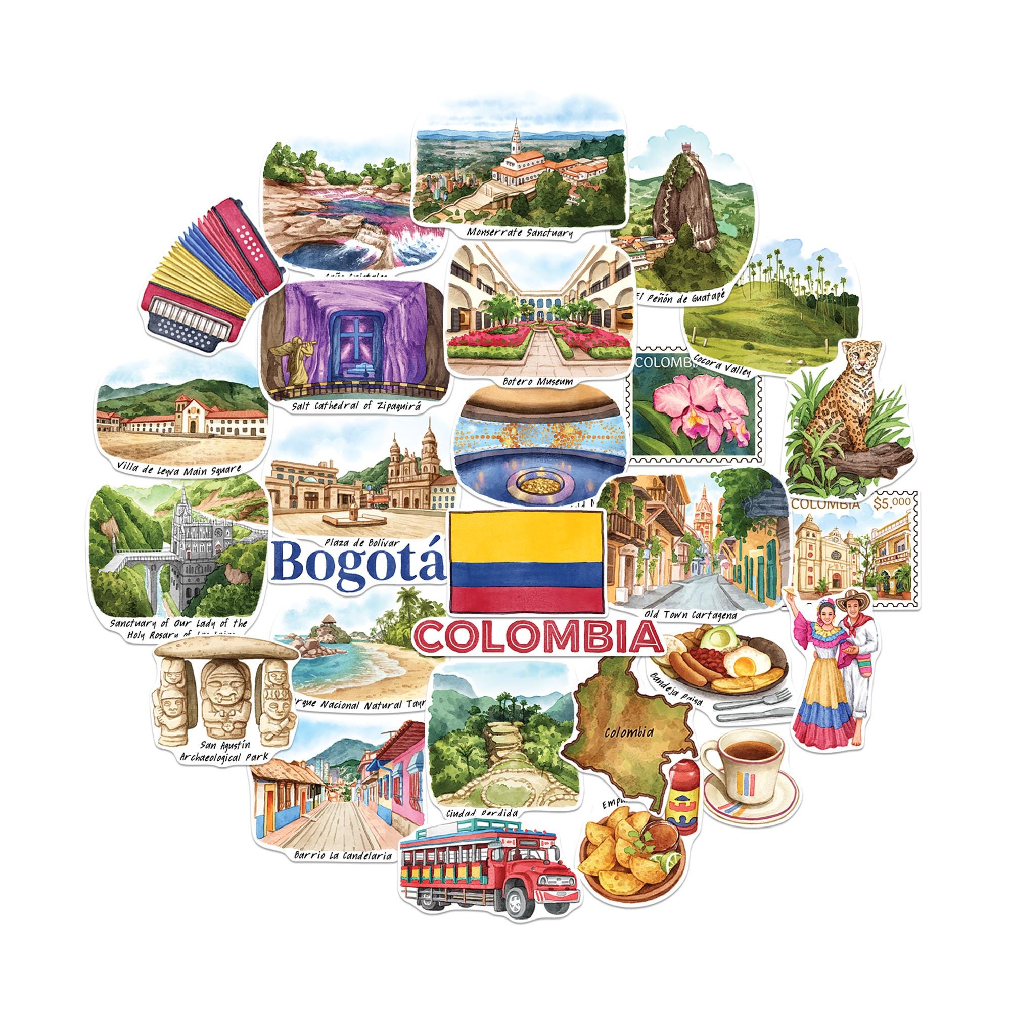 Navy Peony Colorful Colombia Travel Stickers (28pcs) - Hand-illustrated ...