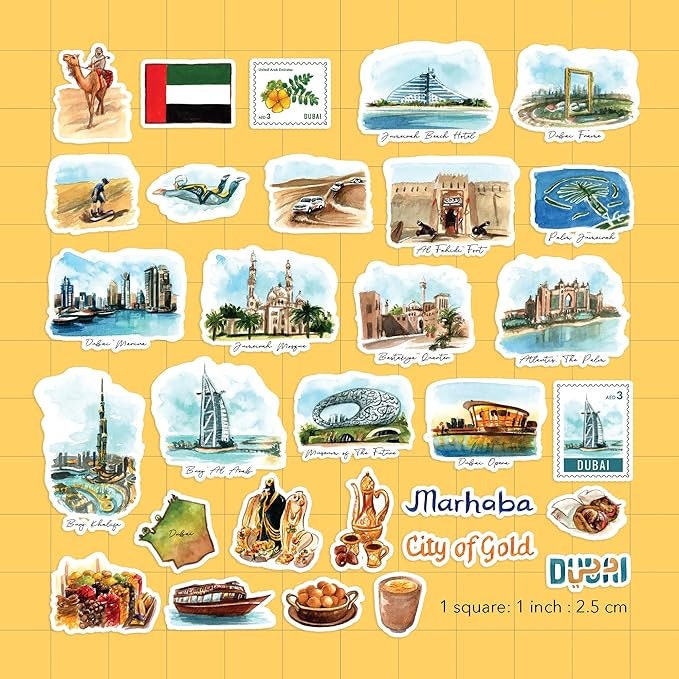 Navy Peony Futuristic Dubai Travel Stickers 30pcs Watercolor ...