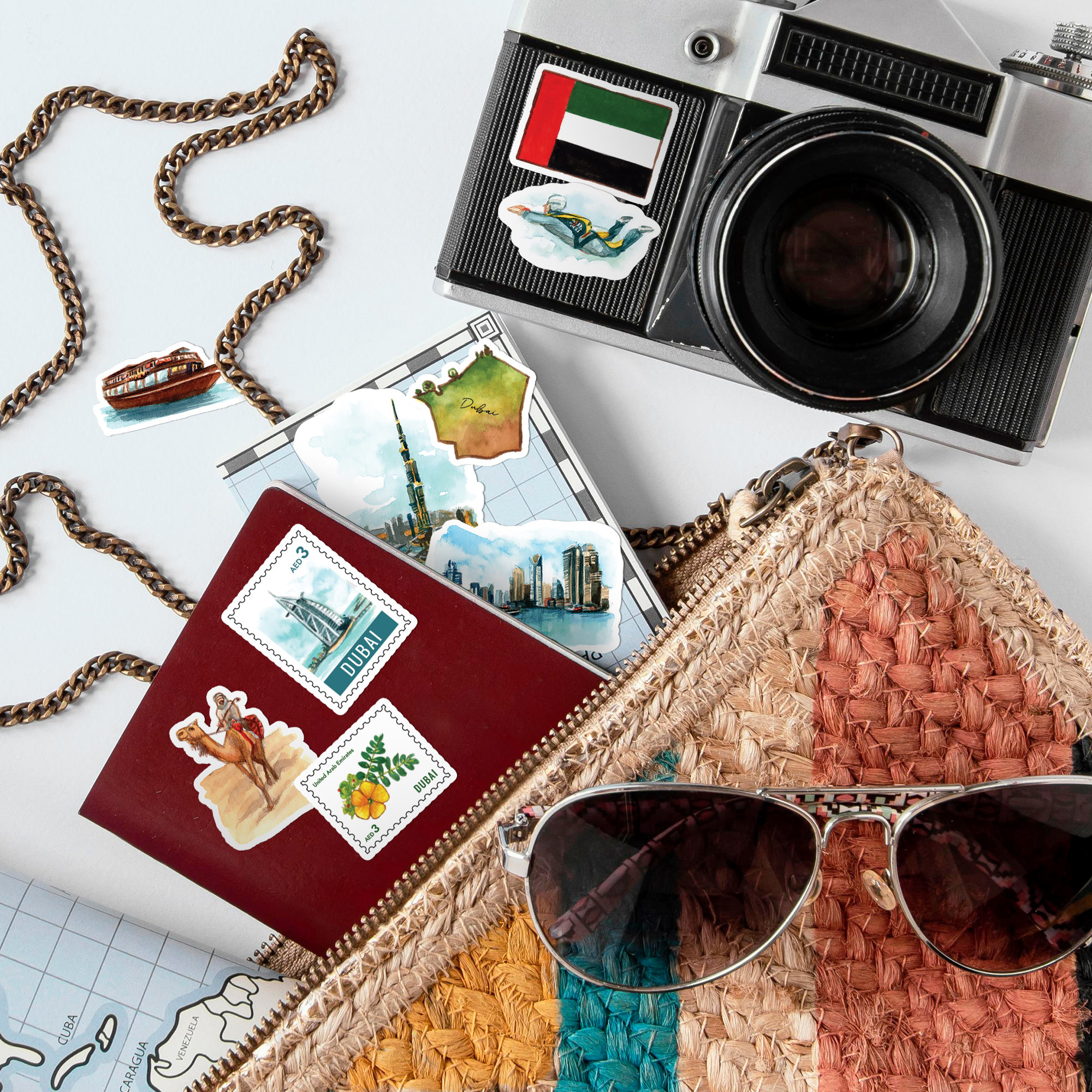 Navy Peony Futuristic Dubai Travel Stickers 30pcs Watercolor ...