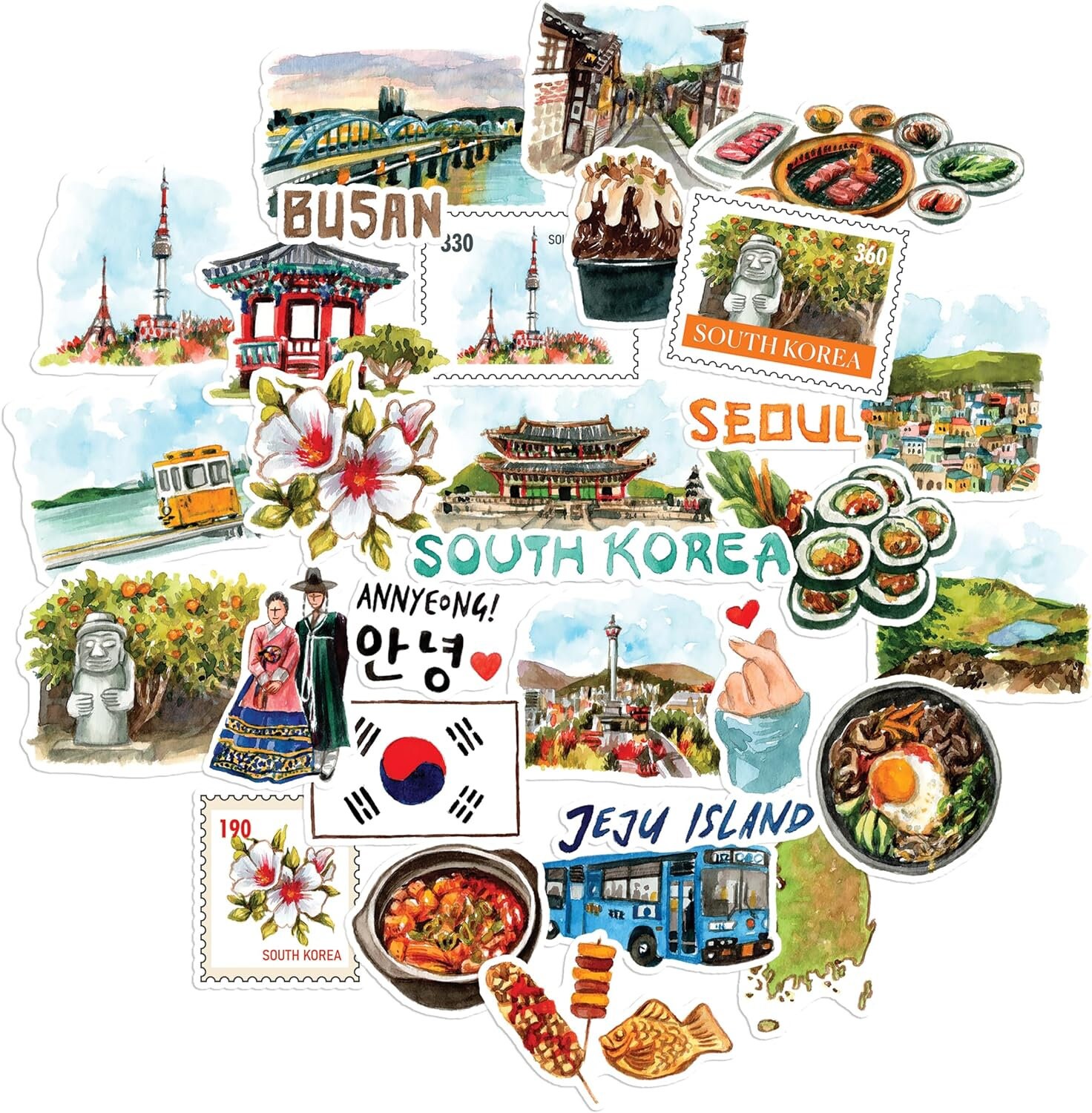 Navy Peony Scenic South Korea Travel Stickers 30pcs Watercolor ...