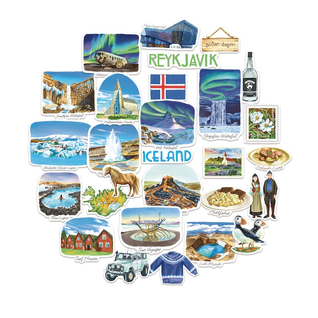 Navy Peony Iceland Travel Sticker (28pcs) - Watercolor, Scandinavia ...