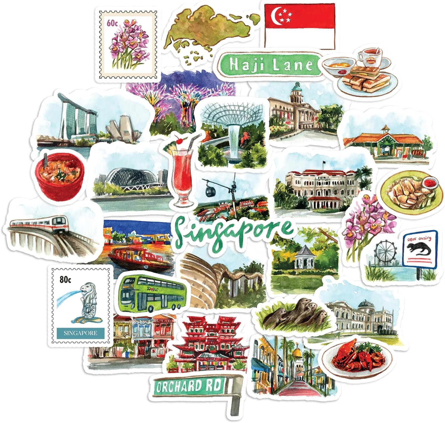 Navy Peony Sunny Singapore Travel Stickers (32pcs) - Watercolor ...