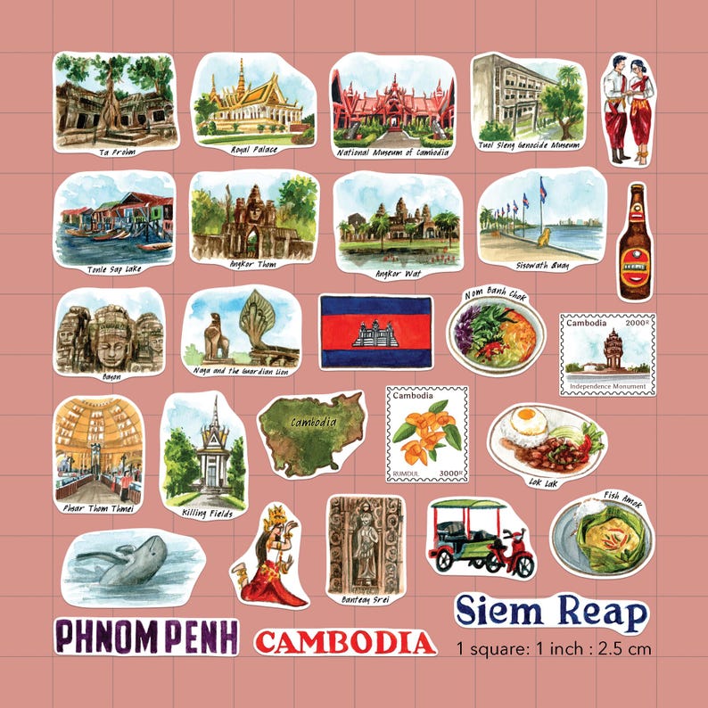 Navy Peony Captivating Cambodia Travel Stickers (28pcs) - Hand ...