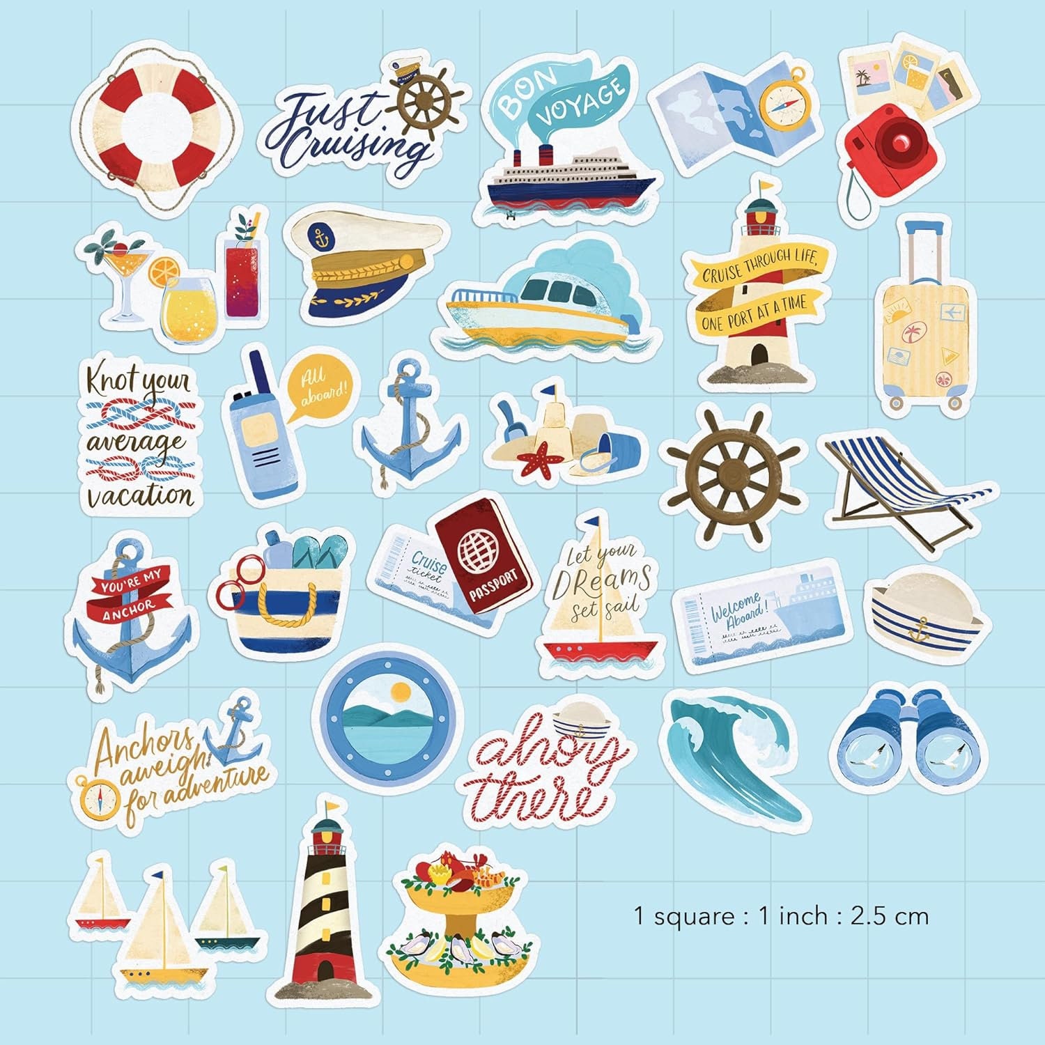 Navy Peony Relaxing Cruise Travel Stickers (30pcs) - Watercolor ...