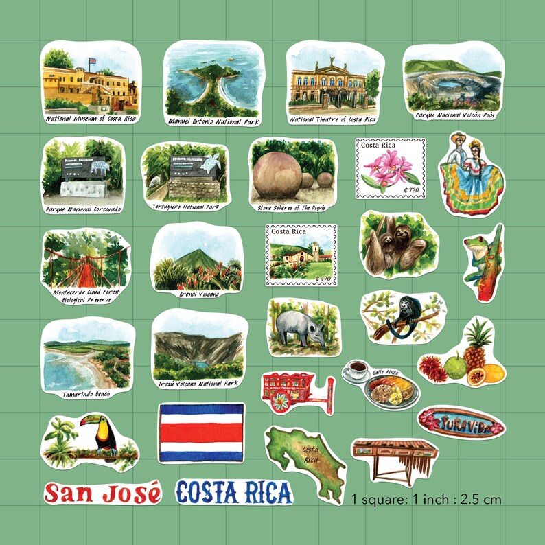 Navy Peony Coastal Costa Rica Travel Stickers (28pcs) - Hand ...