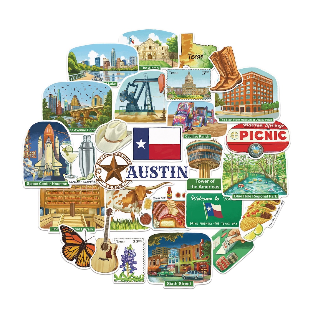 Navy Peony Thrilling Texas State Travel Stickers (28 Pcs) - Watercolor ...