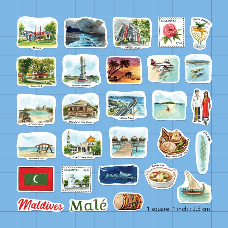 Navy Peony Blissful Maldives Travel Stickers (28pcs)-hand-illustrated ...